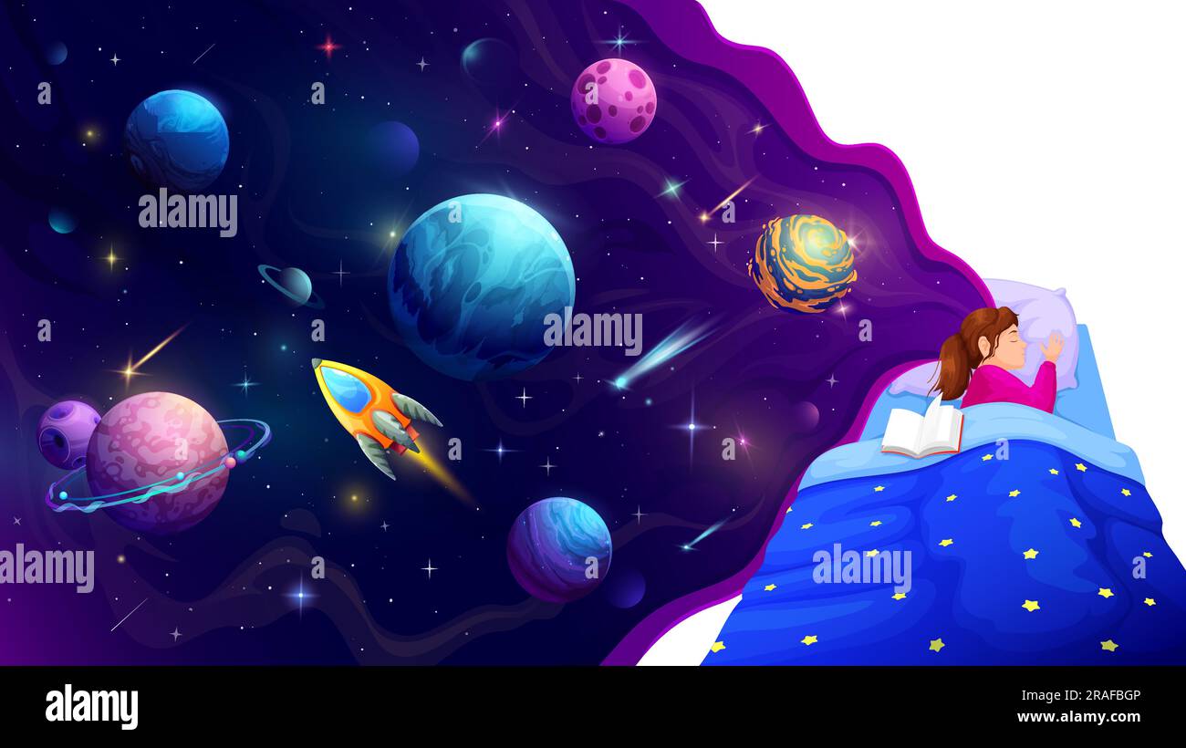 Sleeping kid girl and galaxy space background. Cartoon vector sweet ...