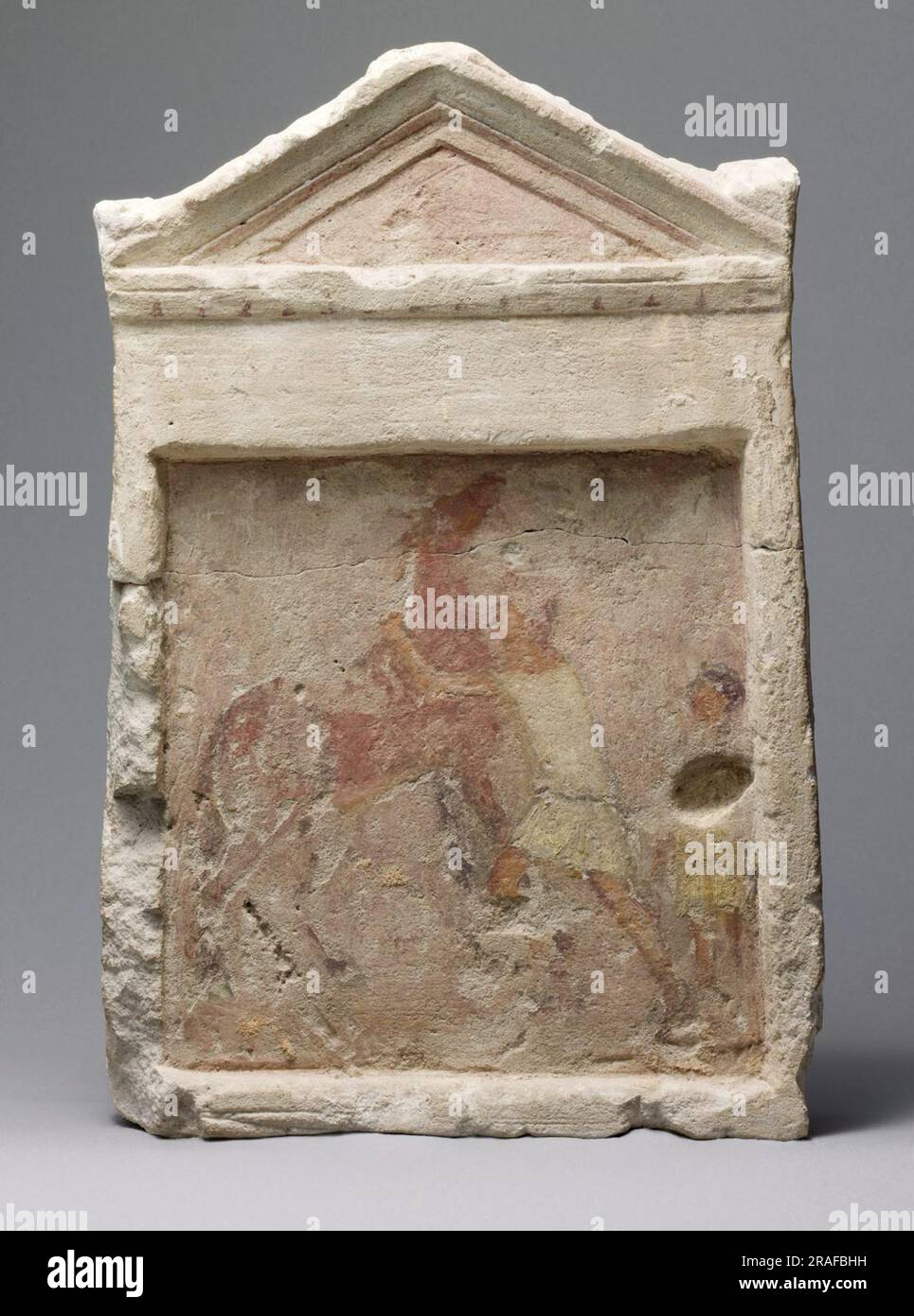 Painted Limestone Funerary Slab with a Man Controlling a Rearing Horse ...