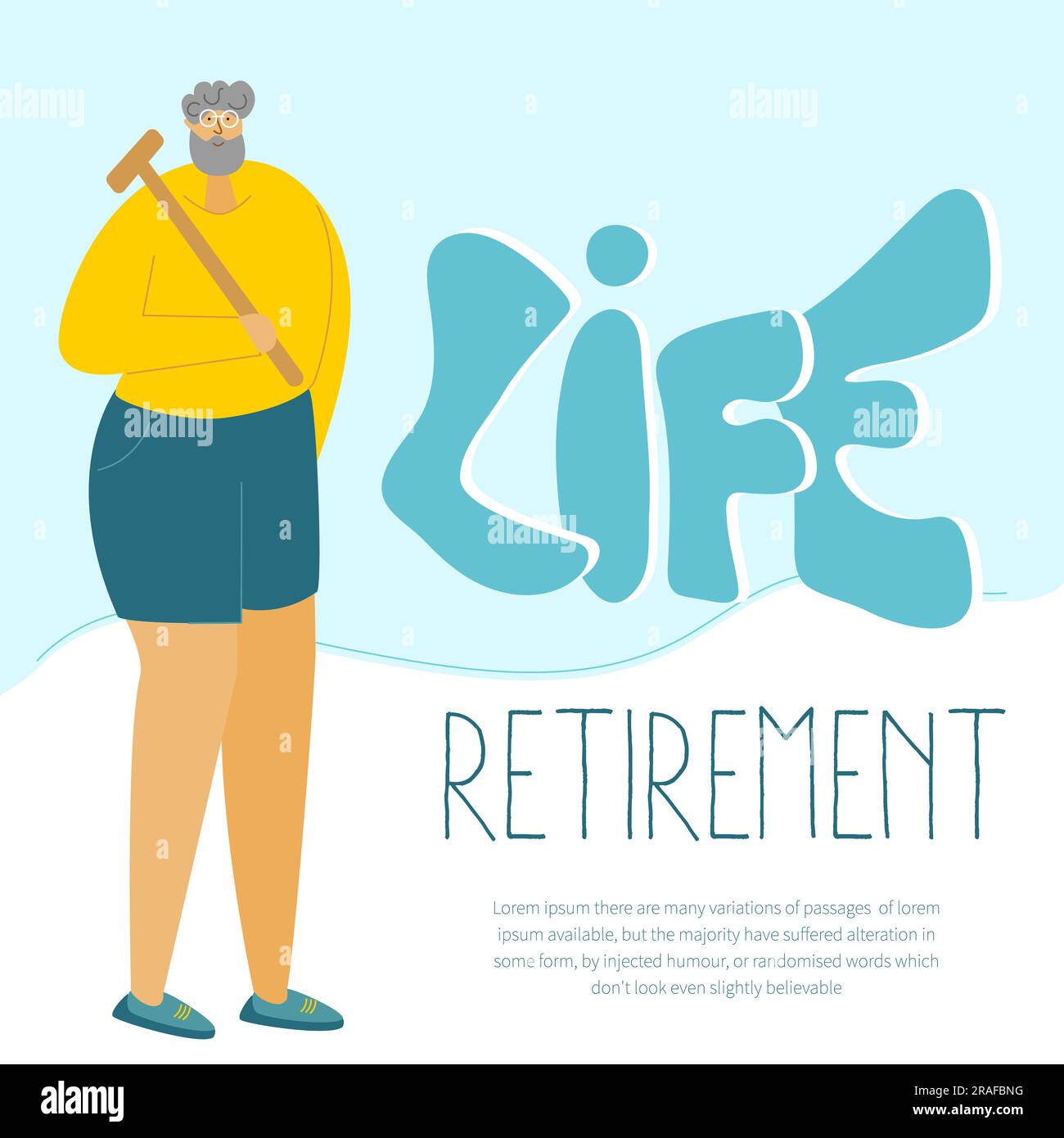 The happy elderly man, silver character, senior holds the wooden ...