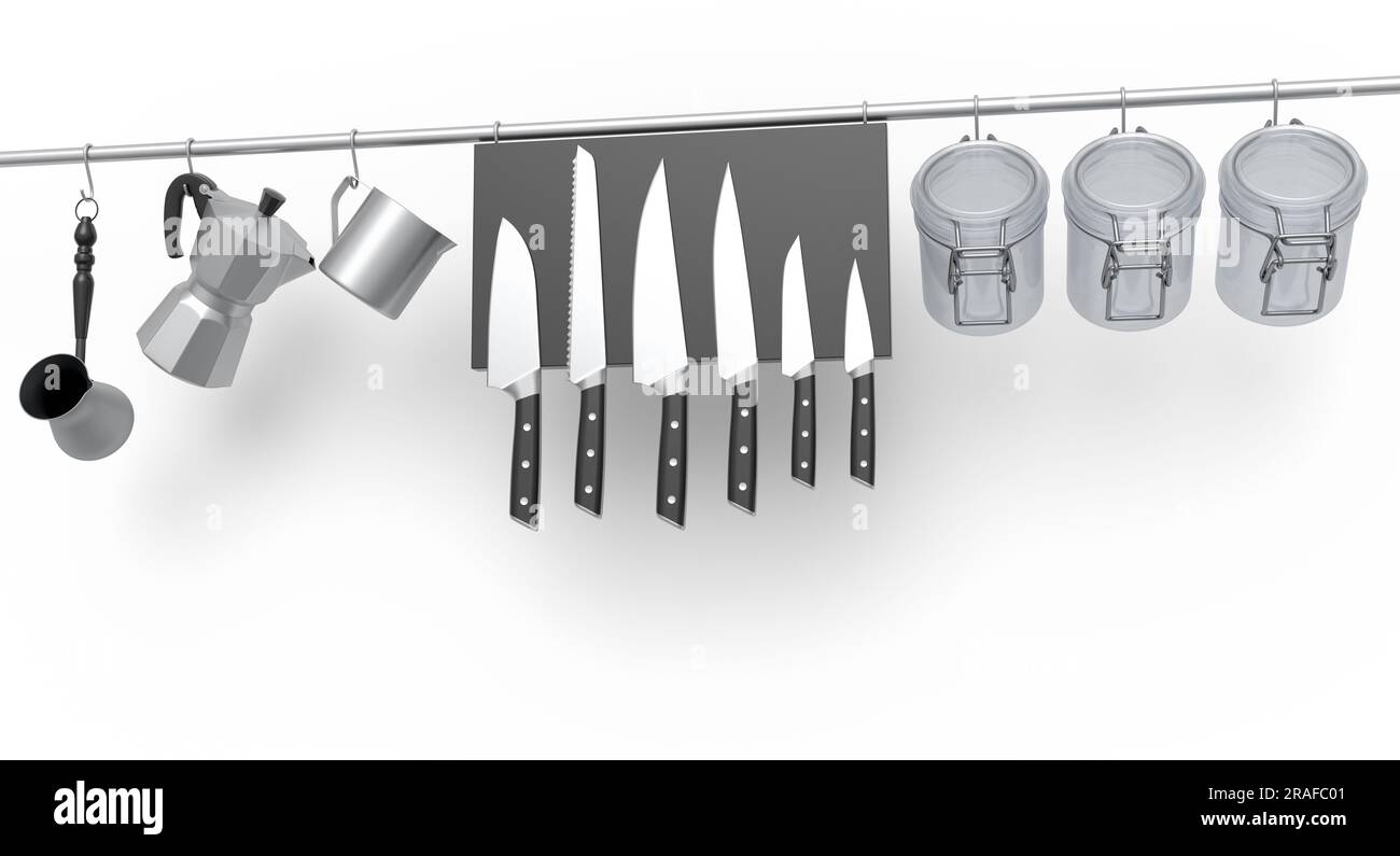 Set of kitchen utensil, knives, stewpot, frying pan and chrome cookware ...