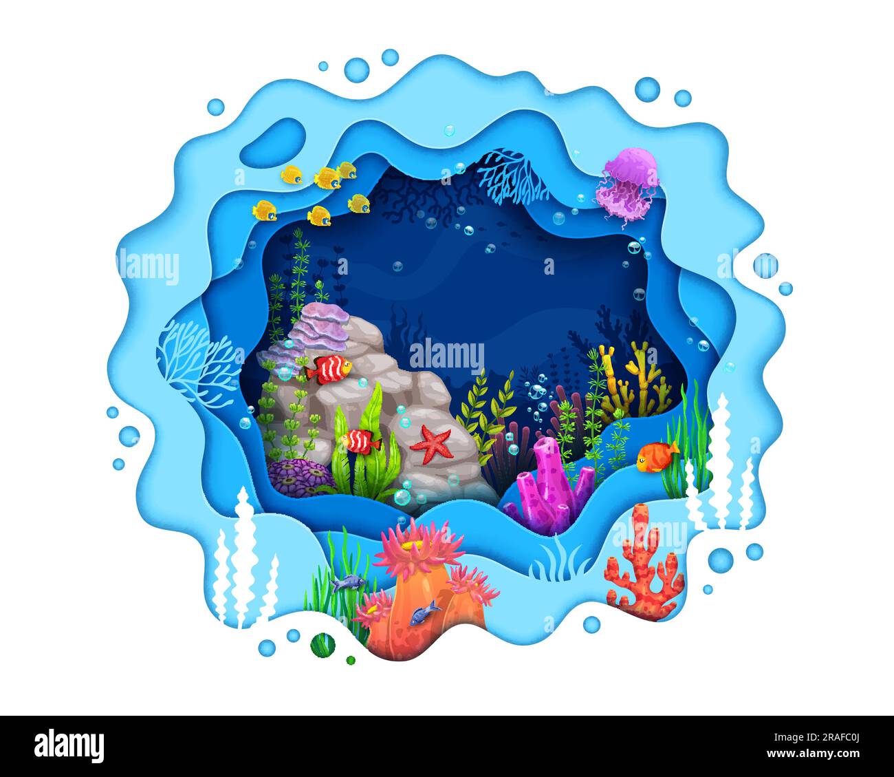 Cartoon sea paper cut underwater landscape with fish shoal and seaweeds ...