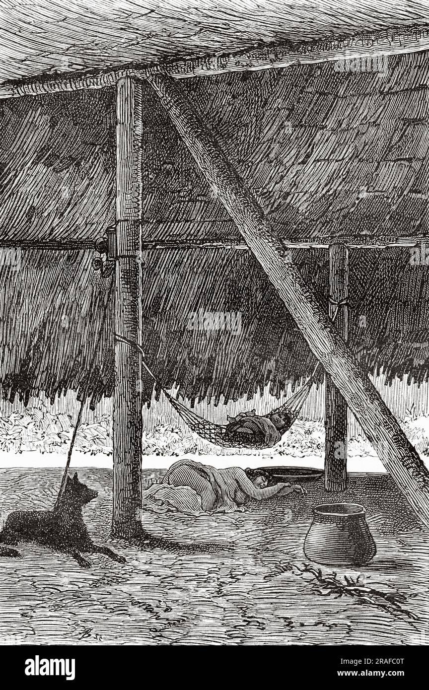 Interior of a traditional Indian hut in the Samiria river. Peru, South ...