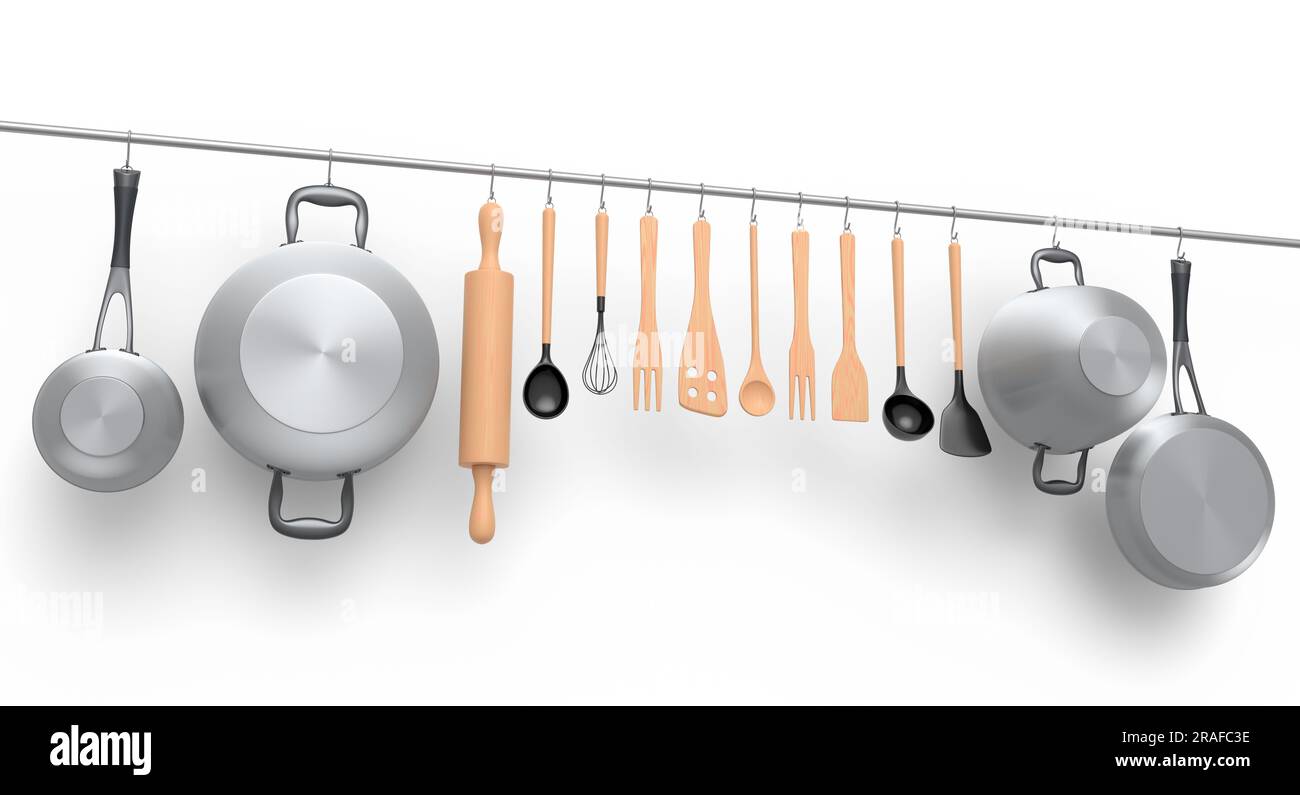 Set of kitchen utensil, stewpot, frying pan and chrome plated cookware ...
