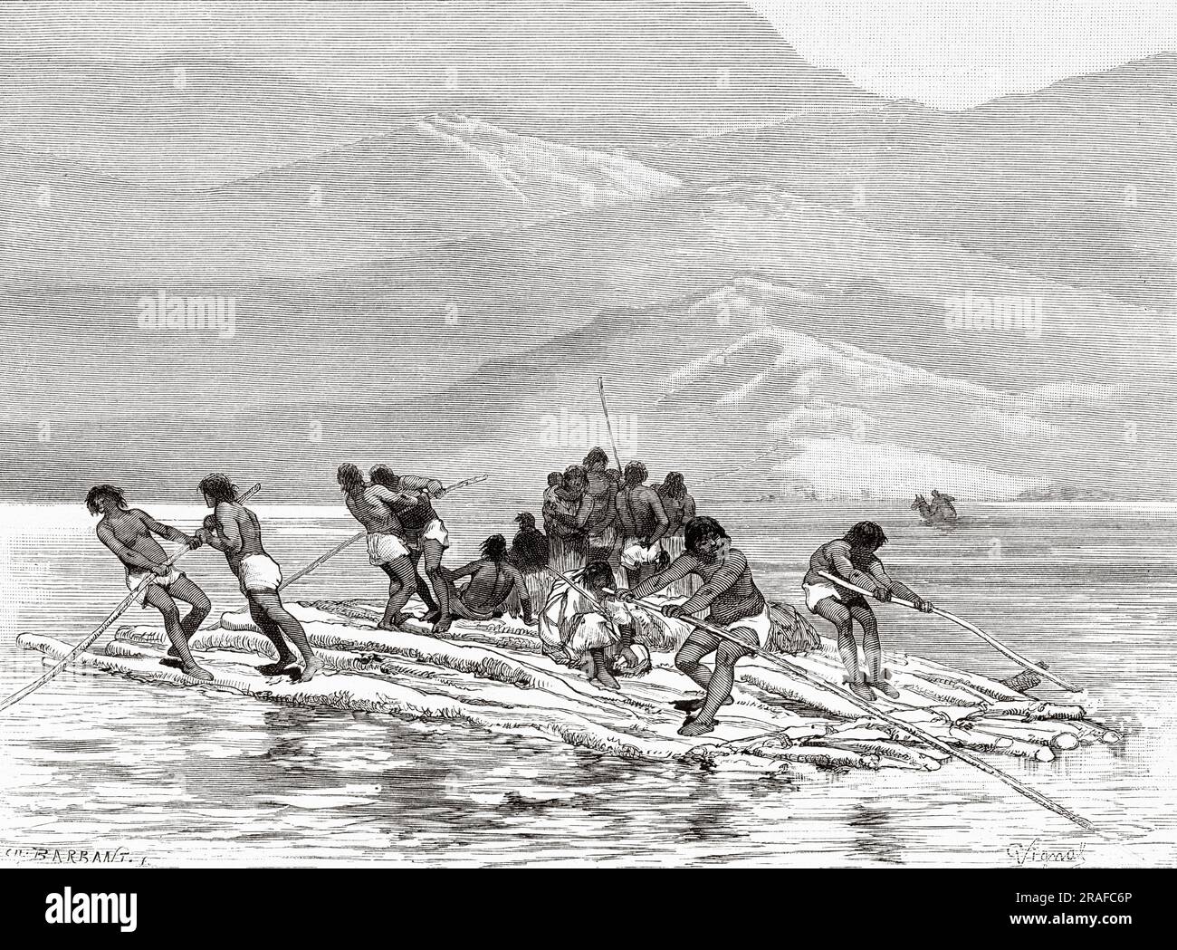 Native Indians sailing a traditional Indian raft down the river. Peru ...