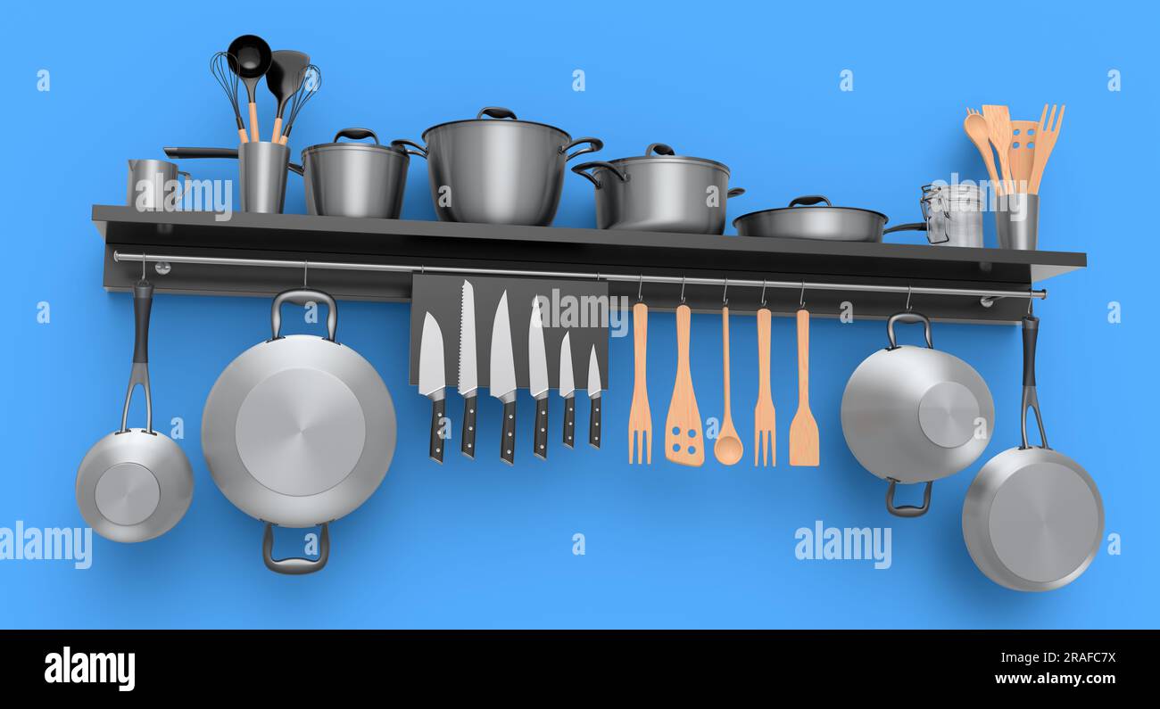 Set of kitchen utensil, stewpot, frying pan and chrome plated cookware ...