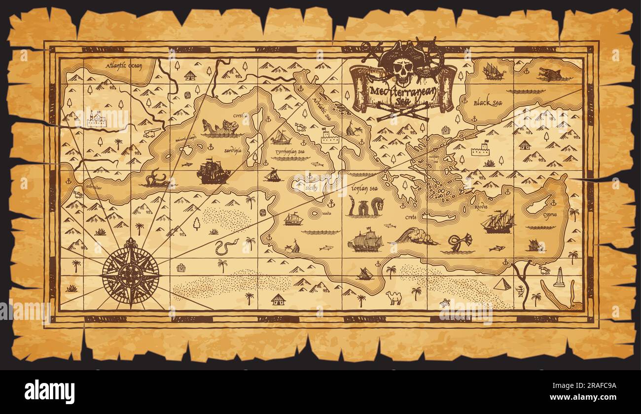 Old antique vintage map of Mediterranean Sea. Sea monster, compass wind ...