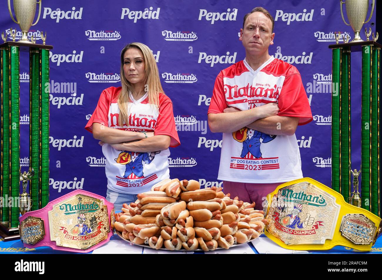 Competitive eaters Miki Sudo, left, and Joey Chestnut pose for a ...