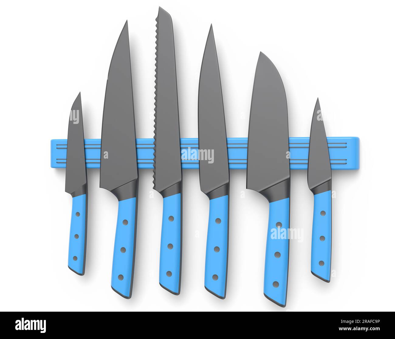 Set of chef's kitchen knives and kitchen utensil hanging on shelf on ...