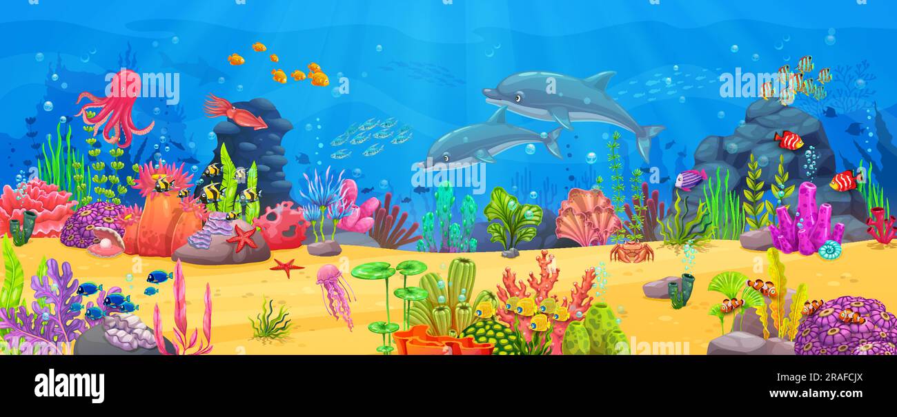 Banner or arcade game level with sea underwater animals and seaweeds ...