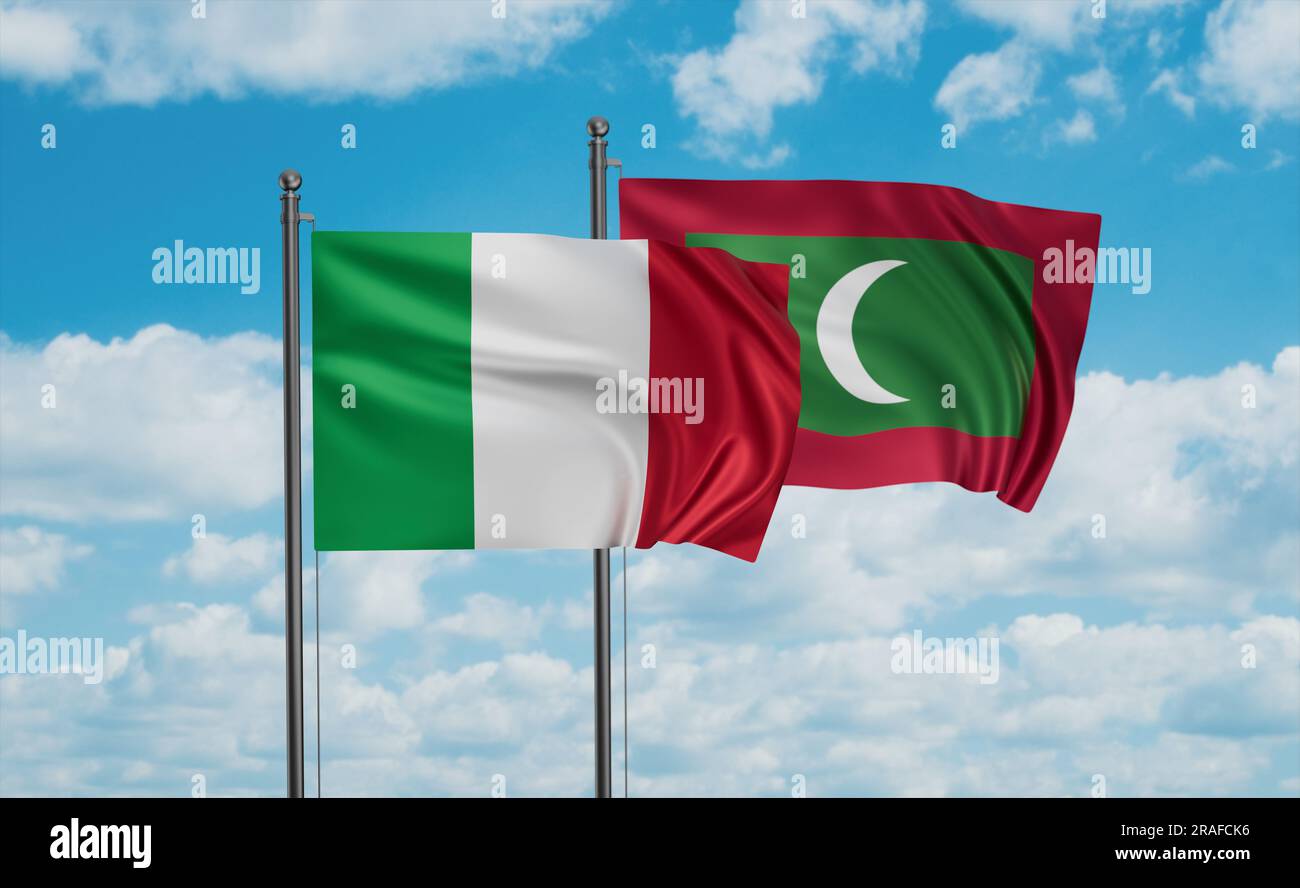 Maldives flag and Italy flag waving together on blue sky, two country ...