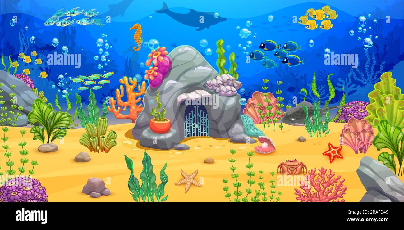 Rock house and underwater landscape game level map. Cartoon animals ...