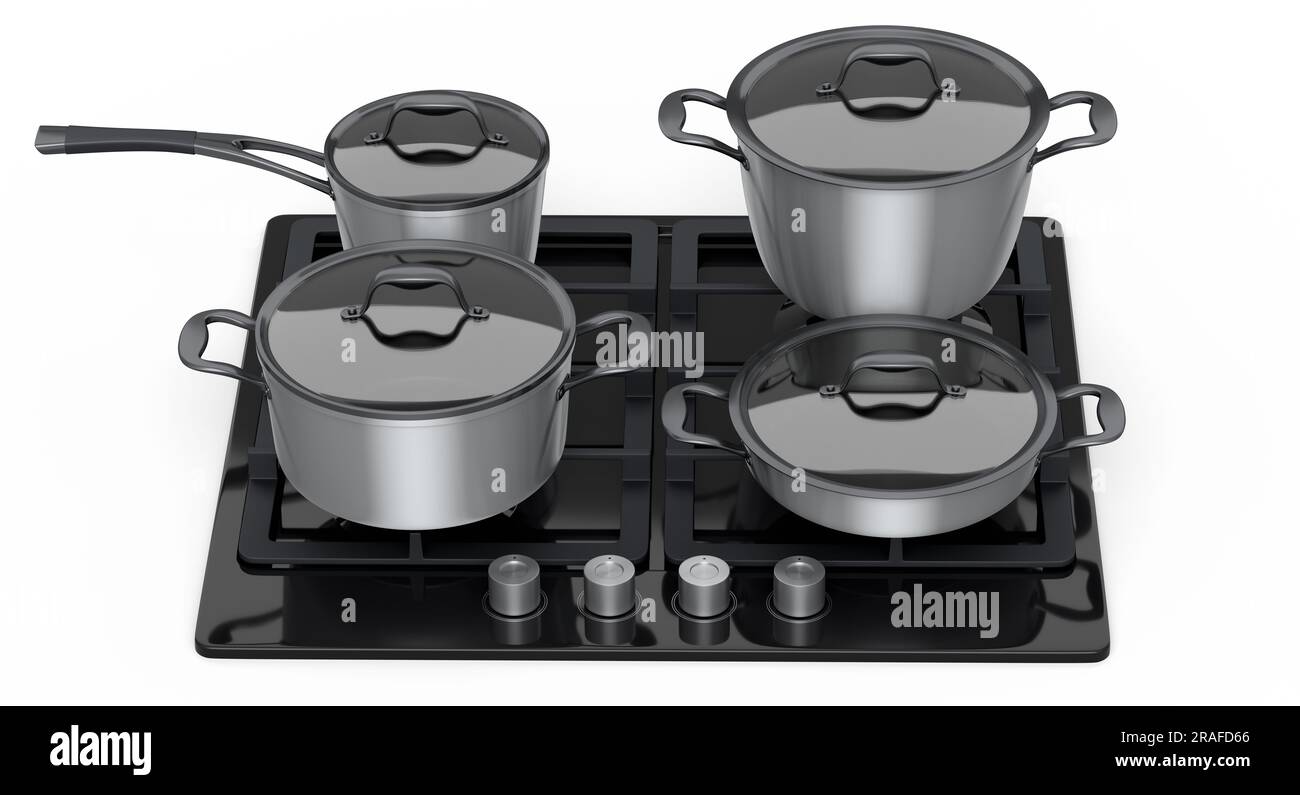 Frying pan and stewpot with glass lid on electric or gas stove cooker ...