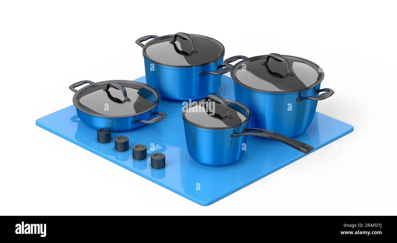 Frying pan and stewpot with glass lid on electric or gas stove cooker ...