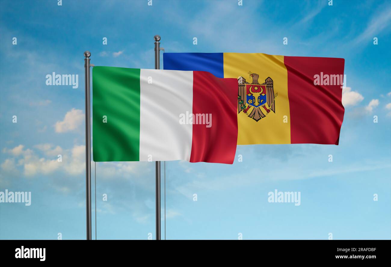 Moldova and Italy flag waving together in the wind on blue sky, two ...