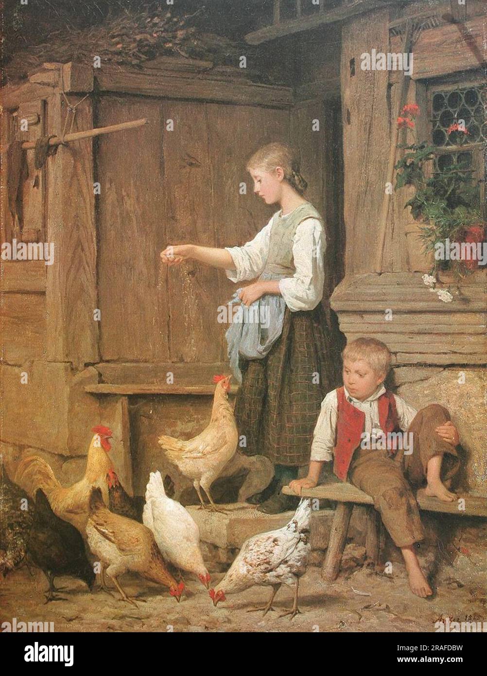 Young girl feeding the hens 1865 by Albrecht Anker Stock Photo - Alamy