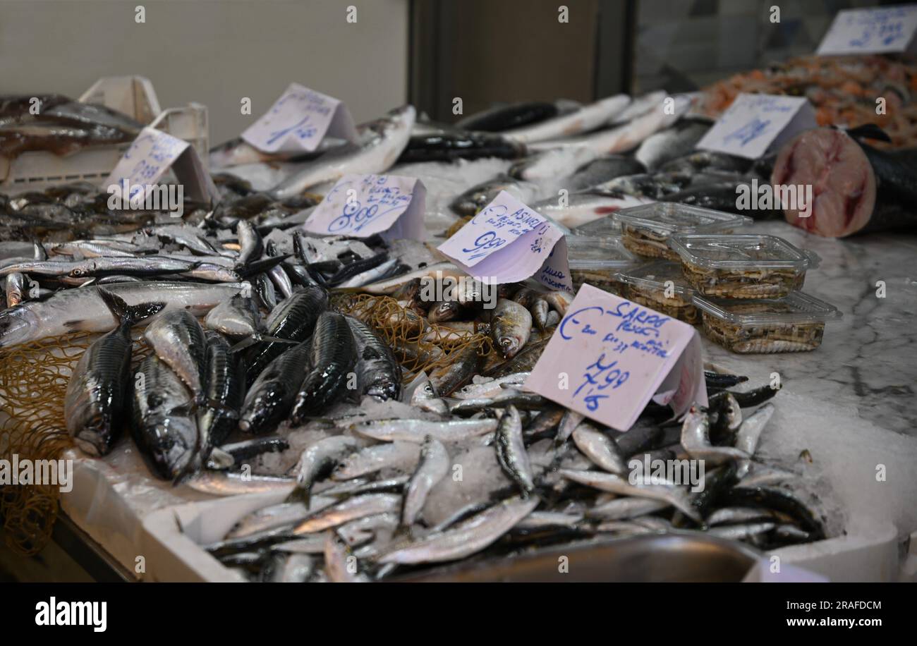 Variety of fish on display at the Monreale fish market in Sicily, Italy ...