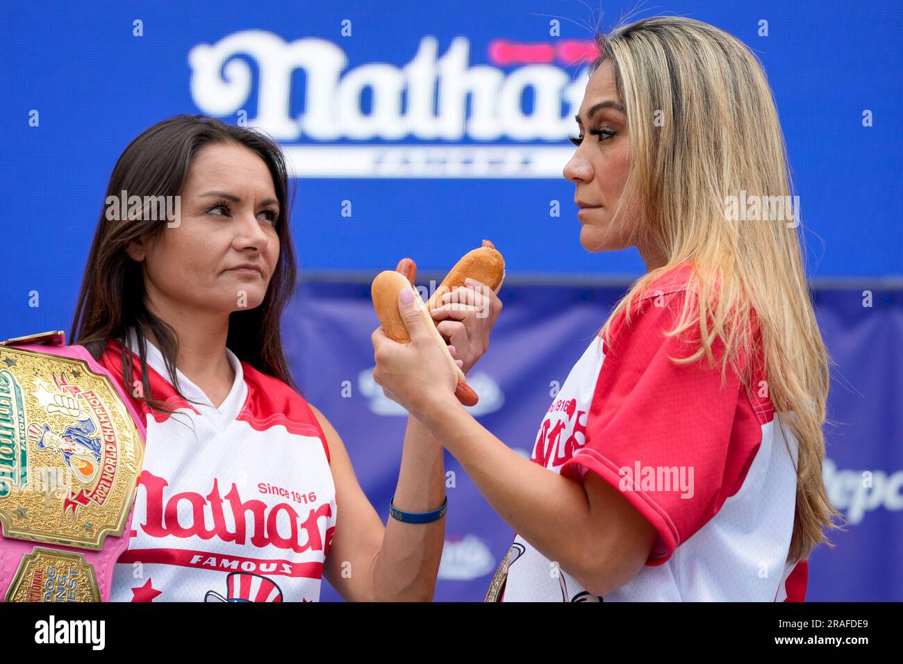 Competitive eater Miki Sudo, right, faces off with contender Michelle ...