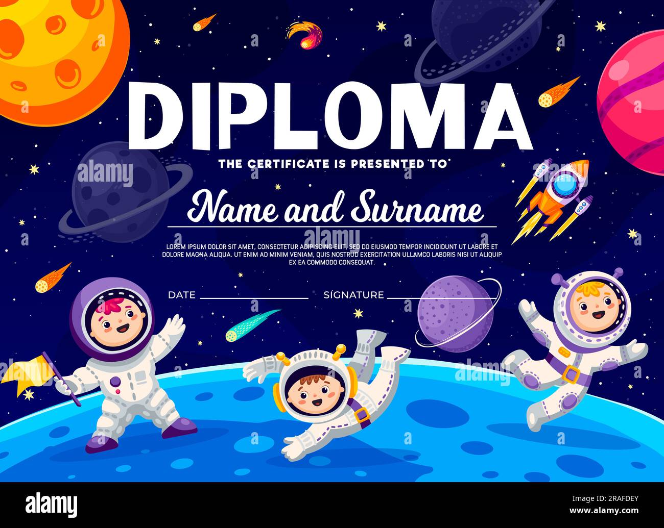 Kids astronaut diploma. Cartoon boys and girl astronauts on space planet surface in starry ...