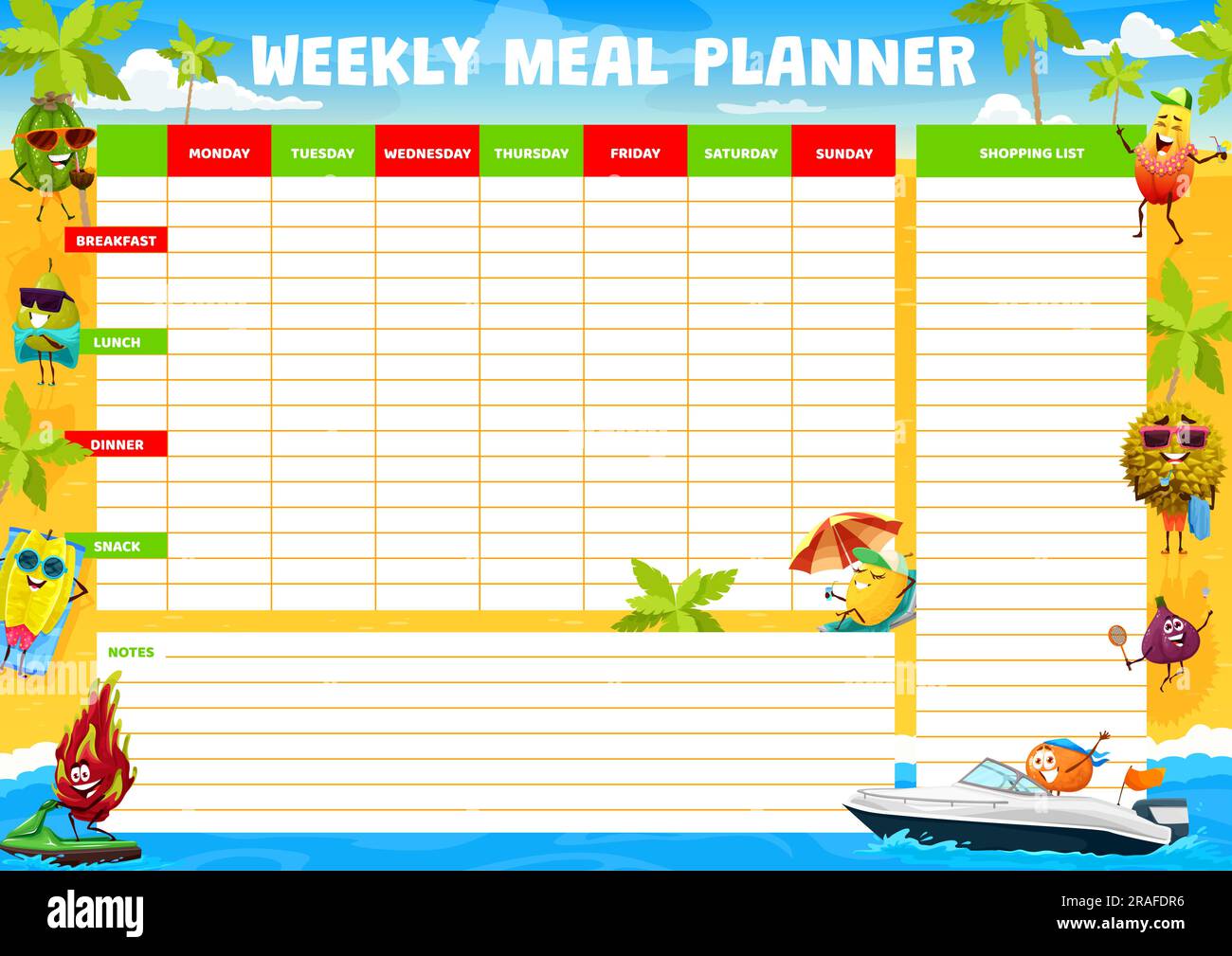 Weekly meal planner, cartoon fruits characters on summer beach, food ...