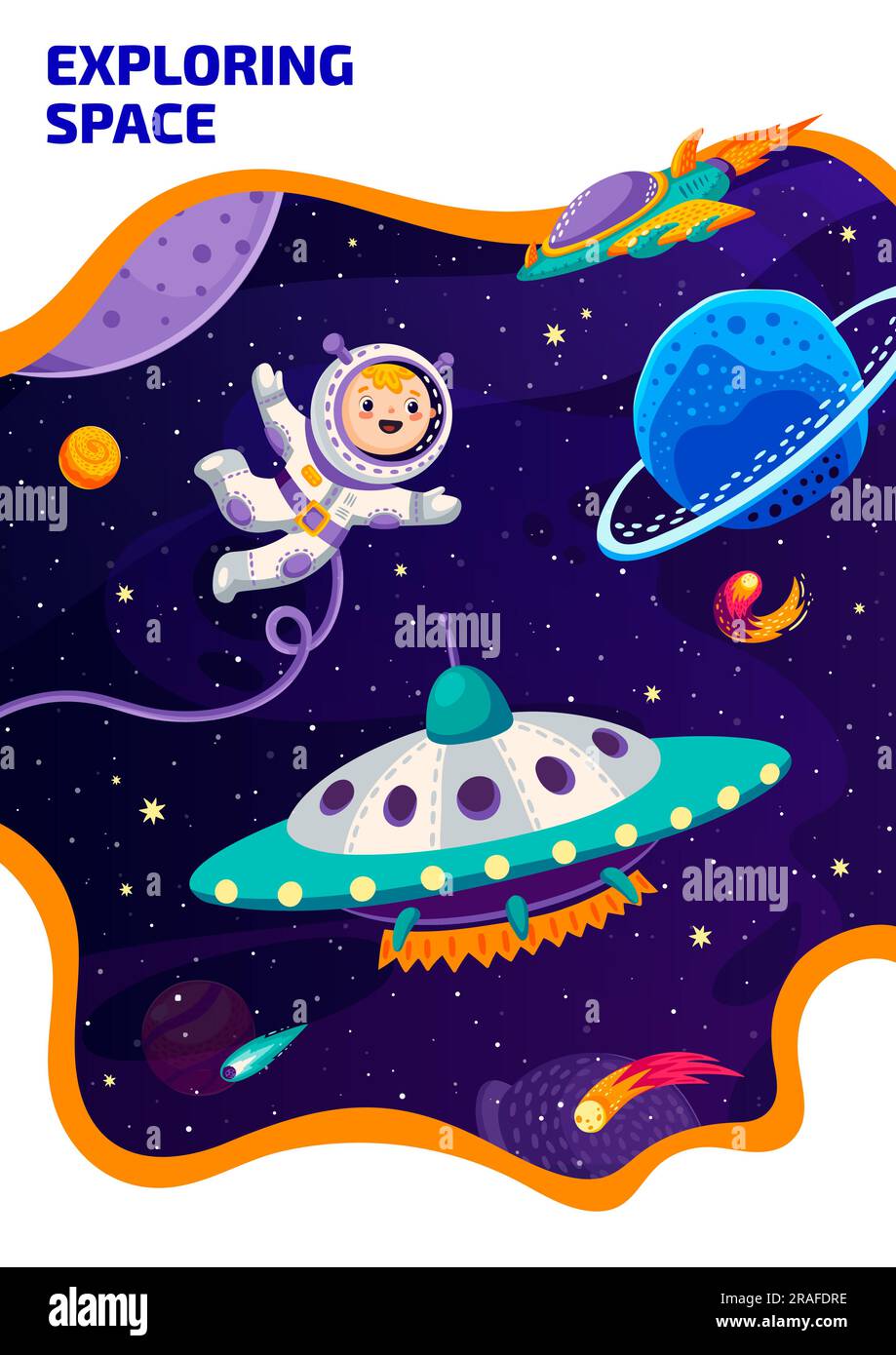 Space poster, cartoon kid astronaut and UFO in outer space, rocket and ...