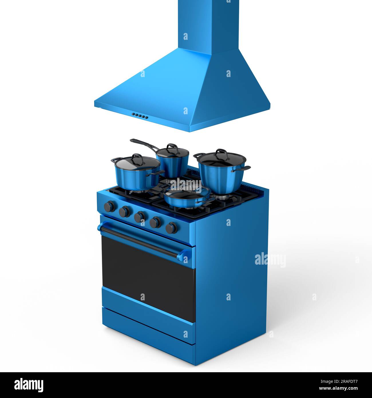 Set of kitchen utensil, stewpot, frying pan and chrome cookware hanging ...