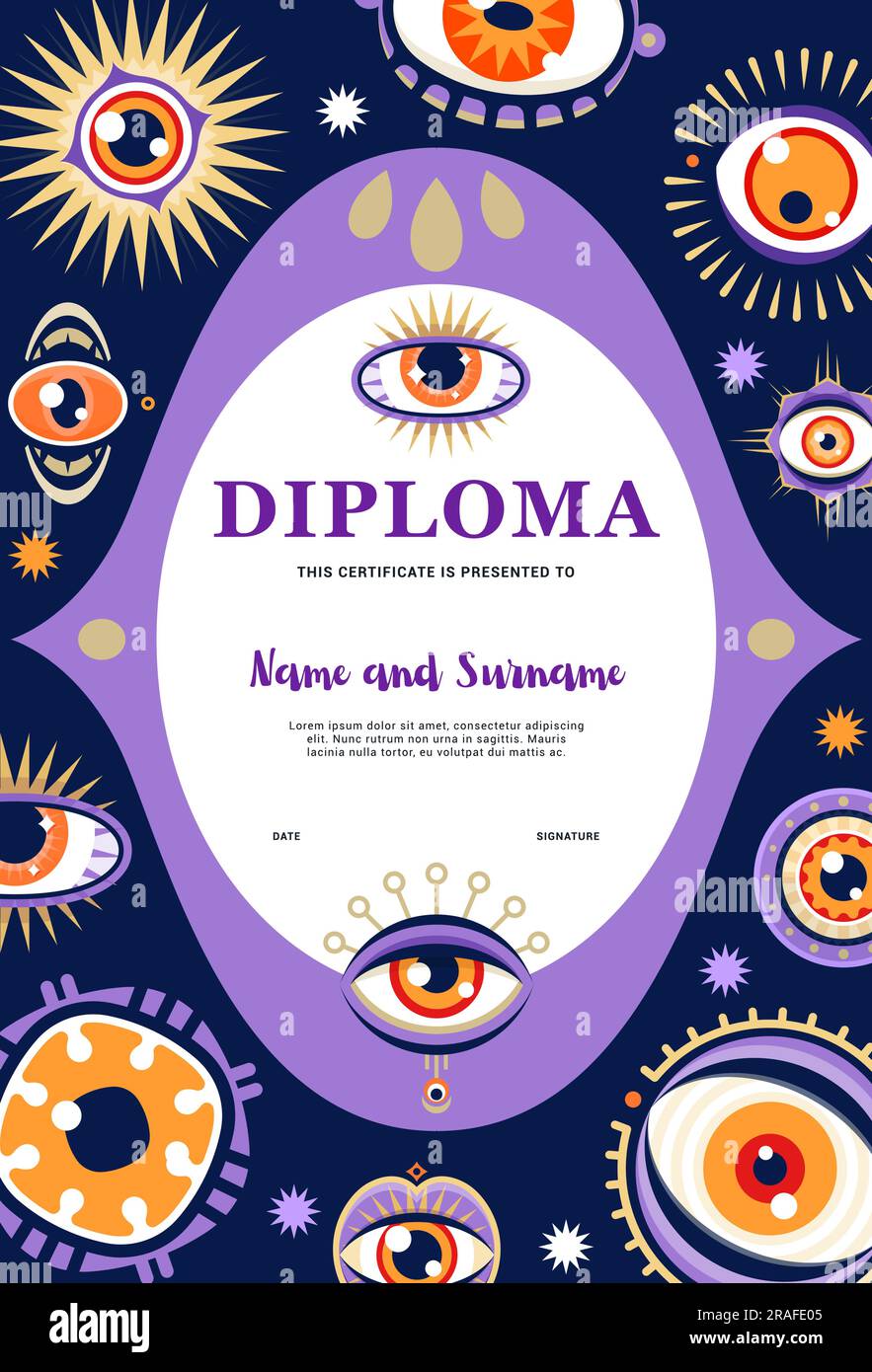 Kids wizard diploma with magical witchcraft eyes, vector education ...