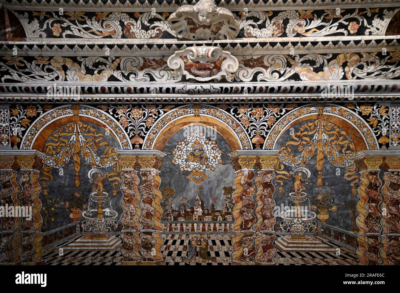 Marble sculpted mosaic in the interior of the Baroque style Cappella ...
