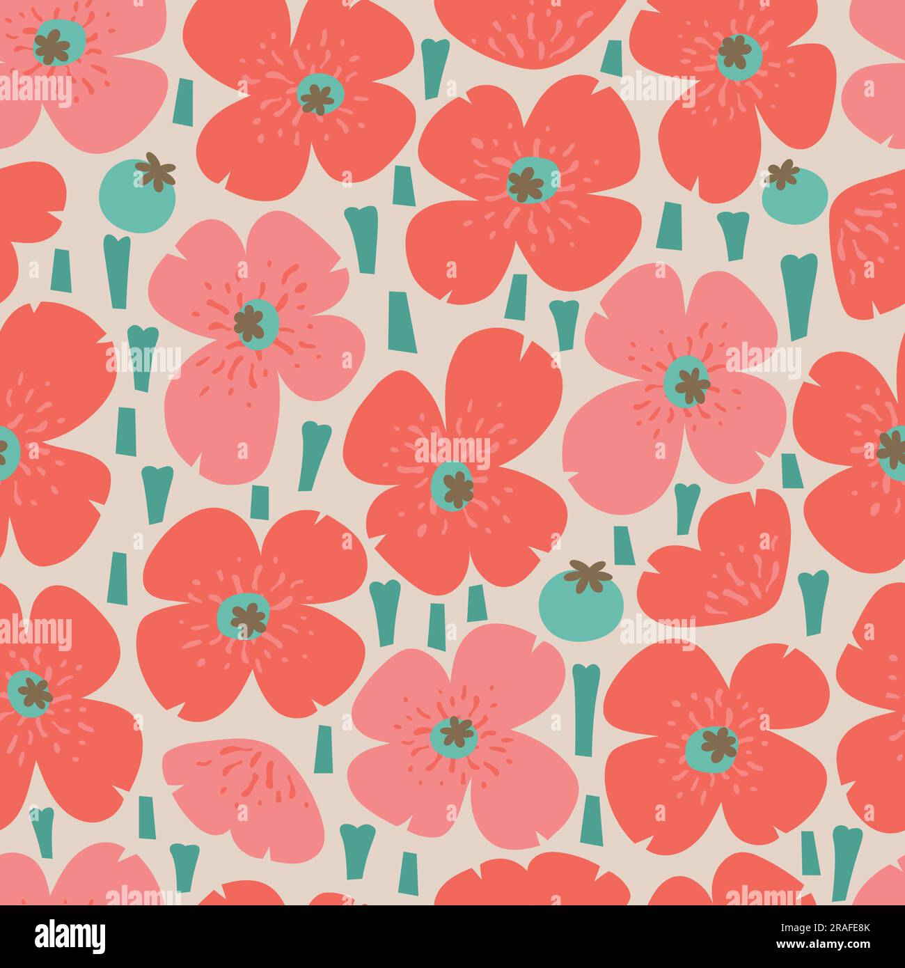 Modern cartoon poppy seamless pattern. Simple flower shape, box vector ...