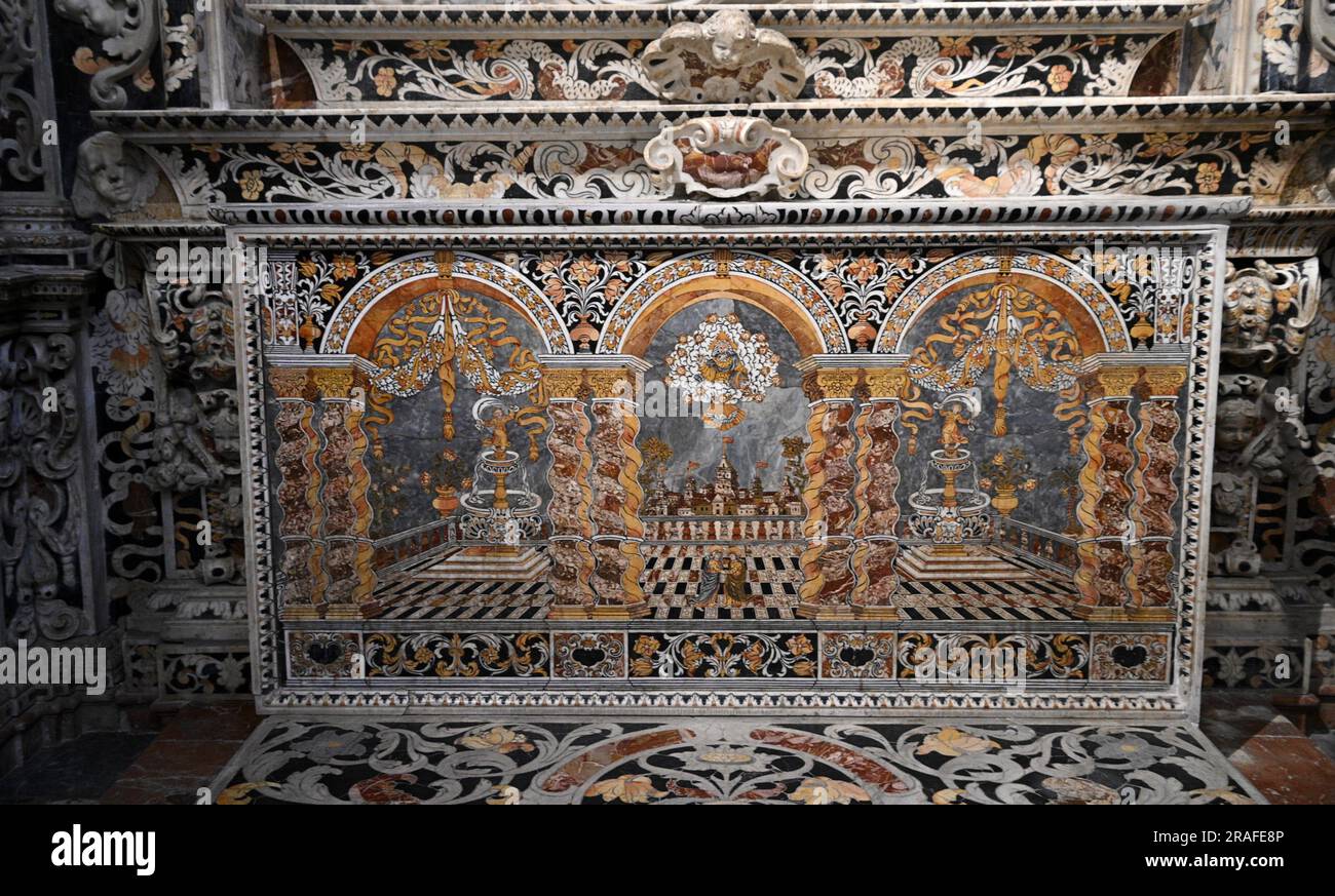 Marble sculpted mosaic in the interior of the Baroque style Cappella ...
