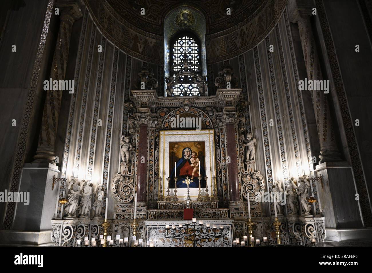Fresco depicting Madonna and child on the north side altar of the ...