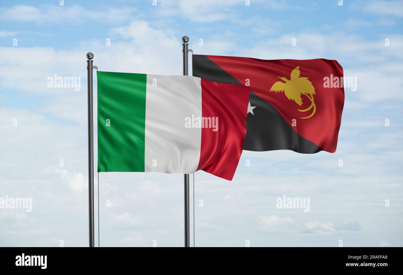 Papua New Guinea flag and Italy flag waving together on blue sky, two ...