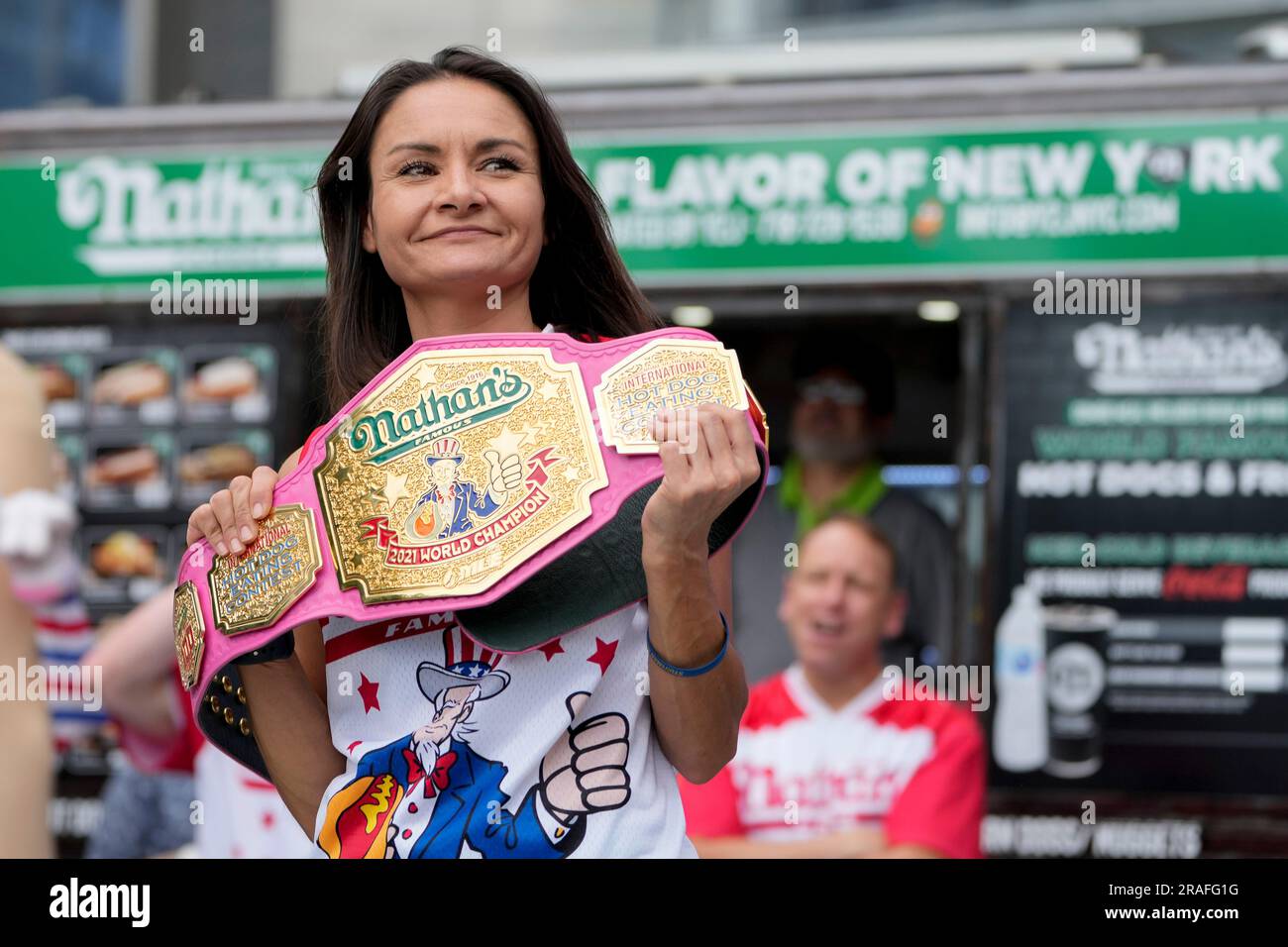 Competitive eater Michelle Lesco is introduced during a weigh-in ...
