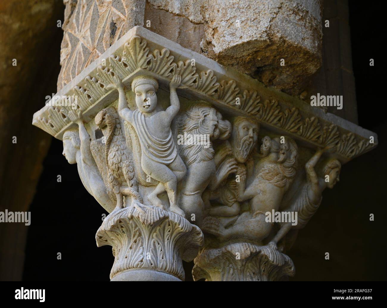 Antique Romanesque style column capital depicting scenes from the Old ...