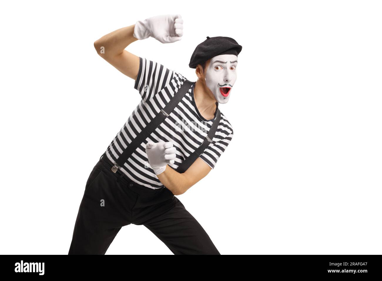 Pantomime man peeking from behind an invisible wall isolated on white ...