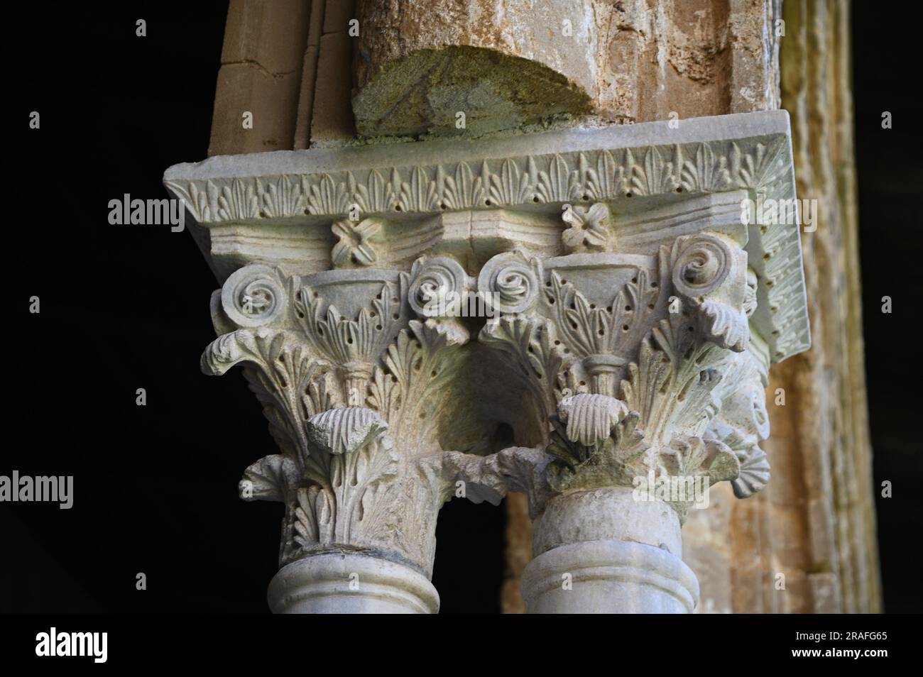 Antique Romanesque style column capital depicting scenes from the Old ...