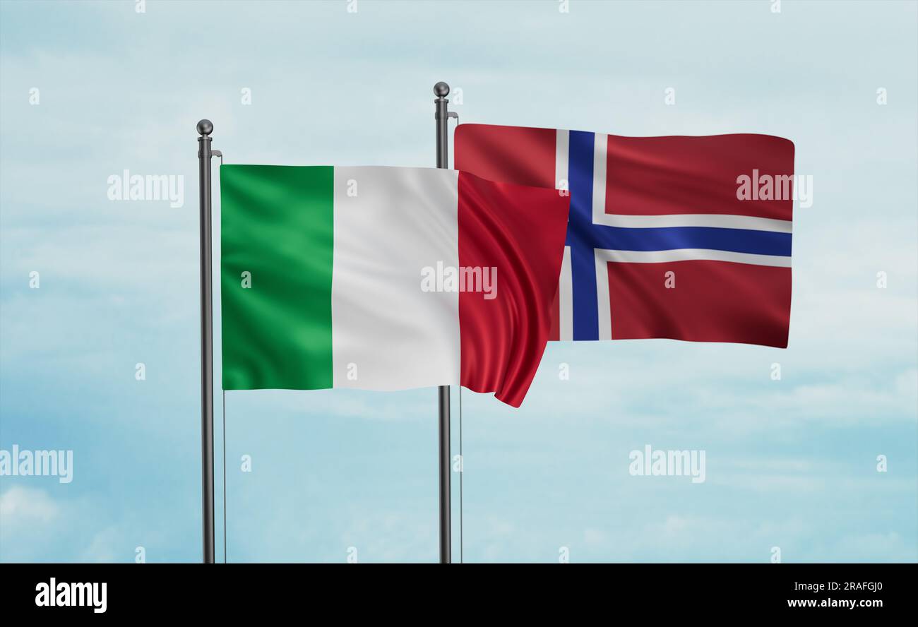 Norway flag and Italy flag waving together on blue sky, two country ...