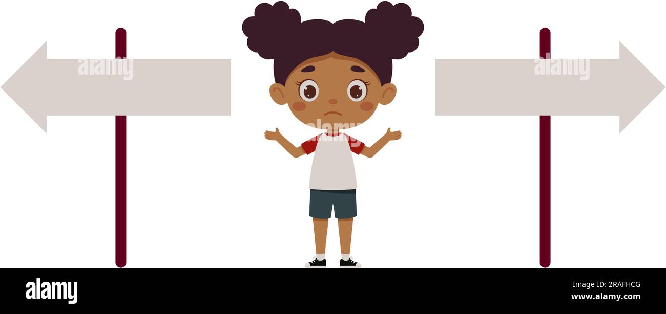 Cute little girl looking at road sign and decide the right way ...