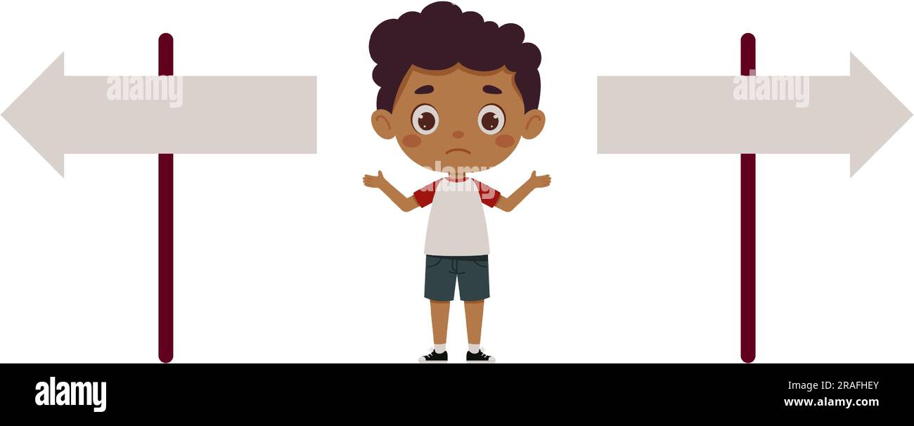 Cute little boy looking at road sign and decide the right way. Template ...