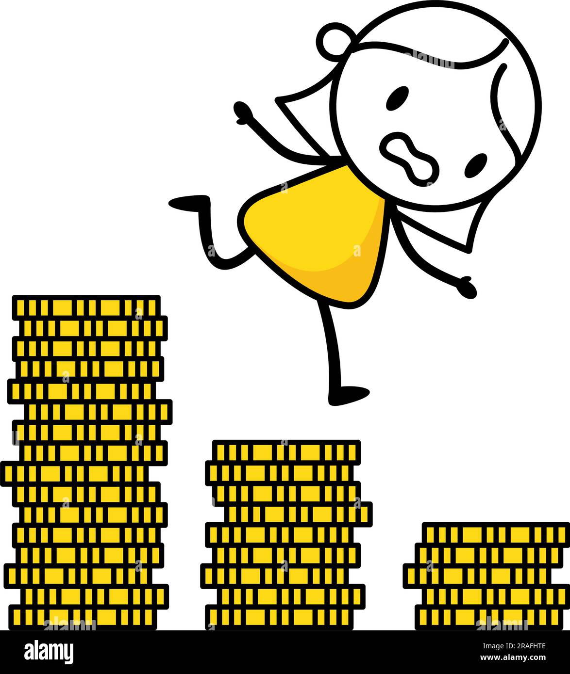 Failed woman falling down from golden stack coins. Business failure ...