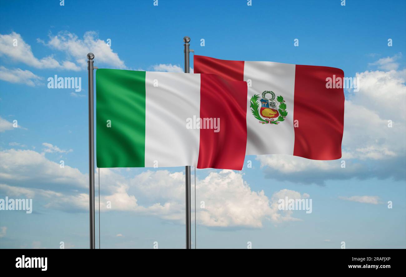 Peru and Italy flag waving together in the wind on blue sky, two ...
