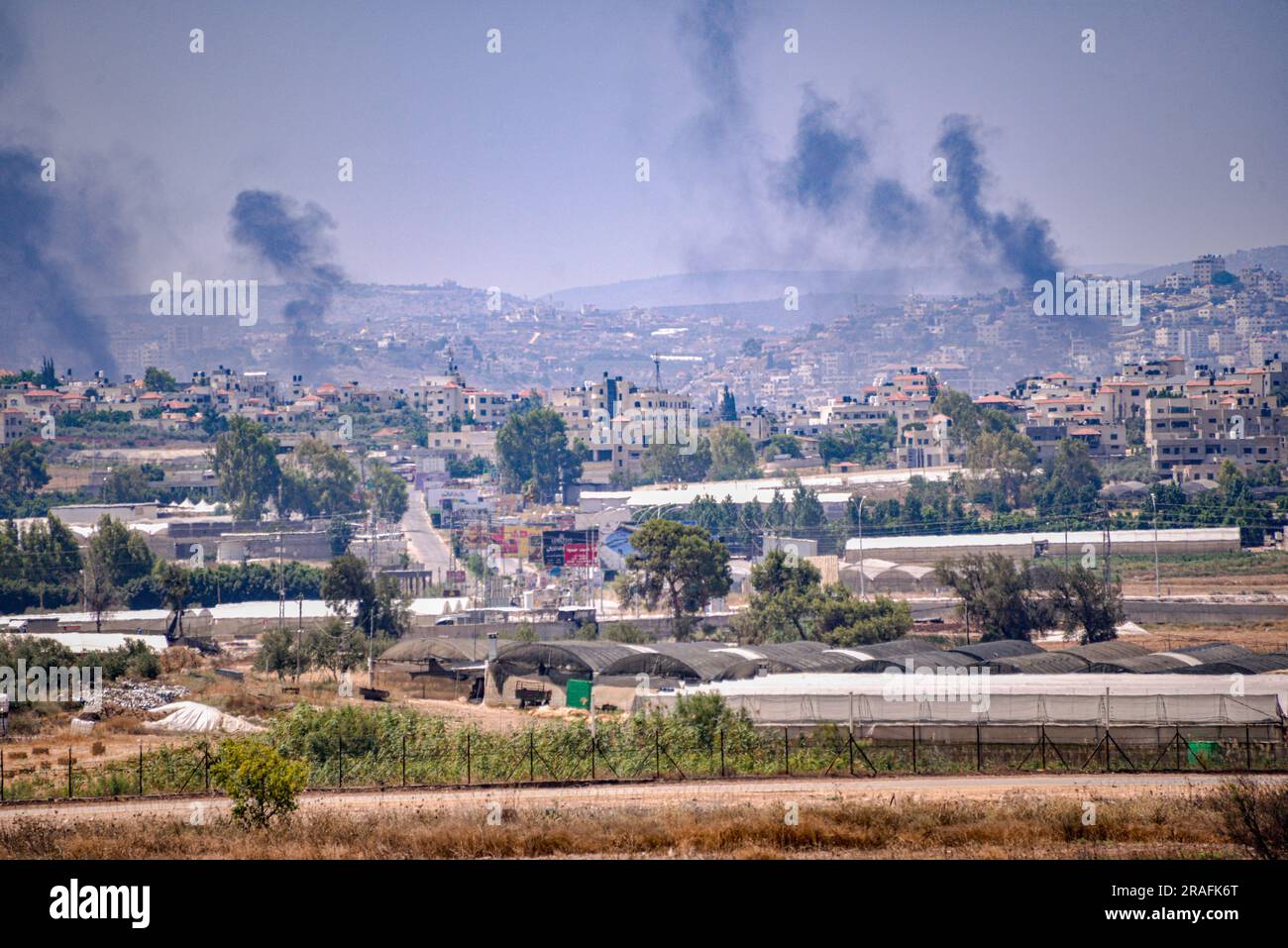 Jenin, Palestine. 03rd July, 2023. Smoke rise above the Palestinian ...