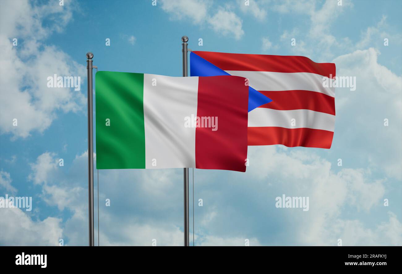 Puerto Rico and Italy flag waving together in the wind on blue sky, two ...