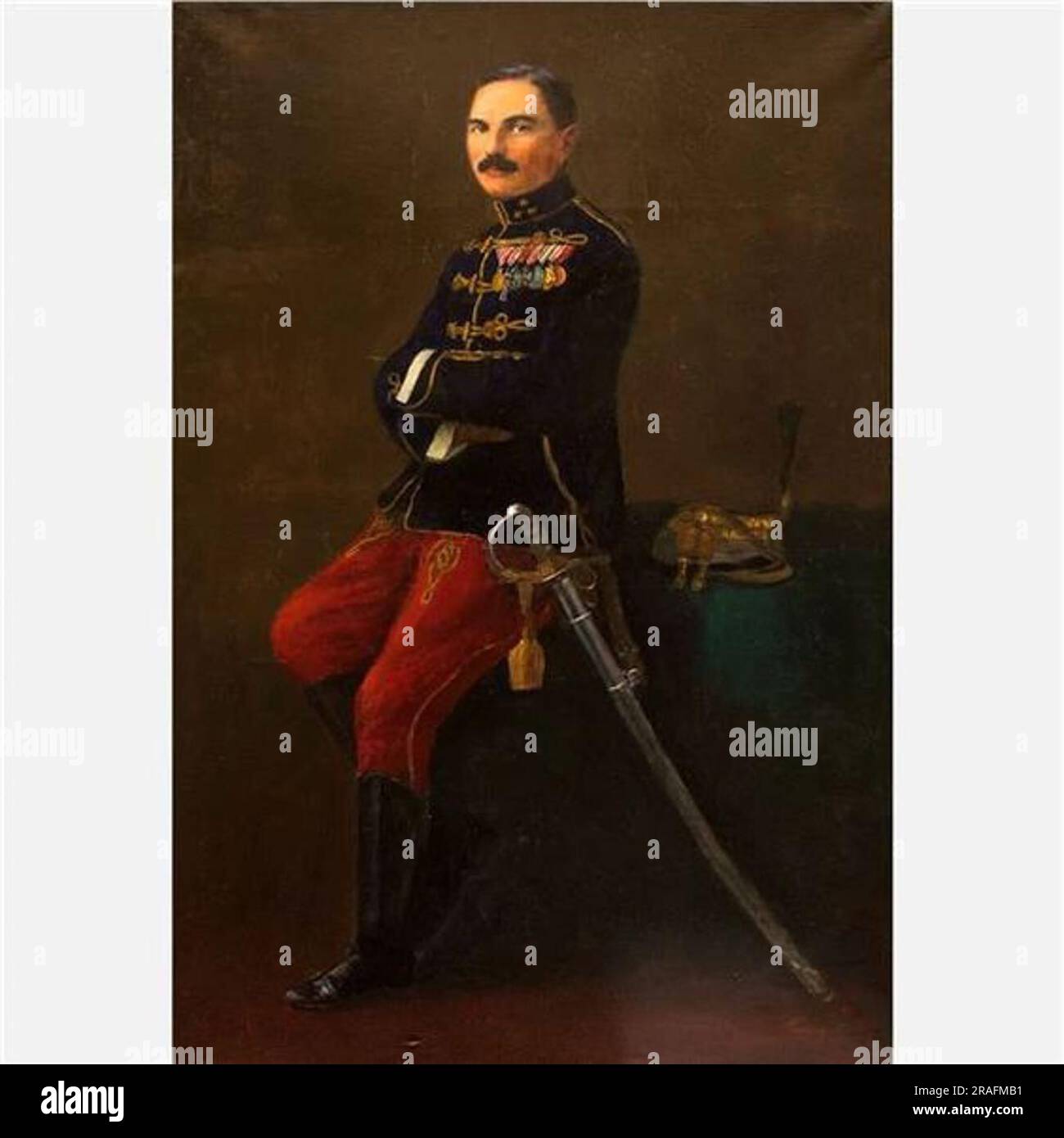 Portrait of Austro-Hungarian officer with sword and artillery czako ...