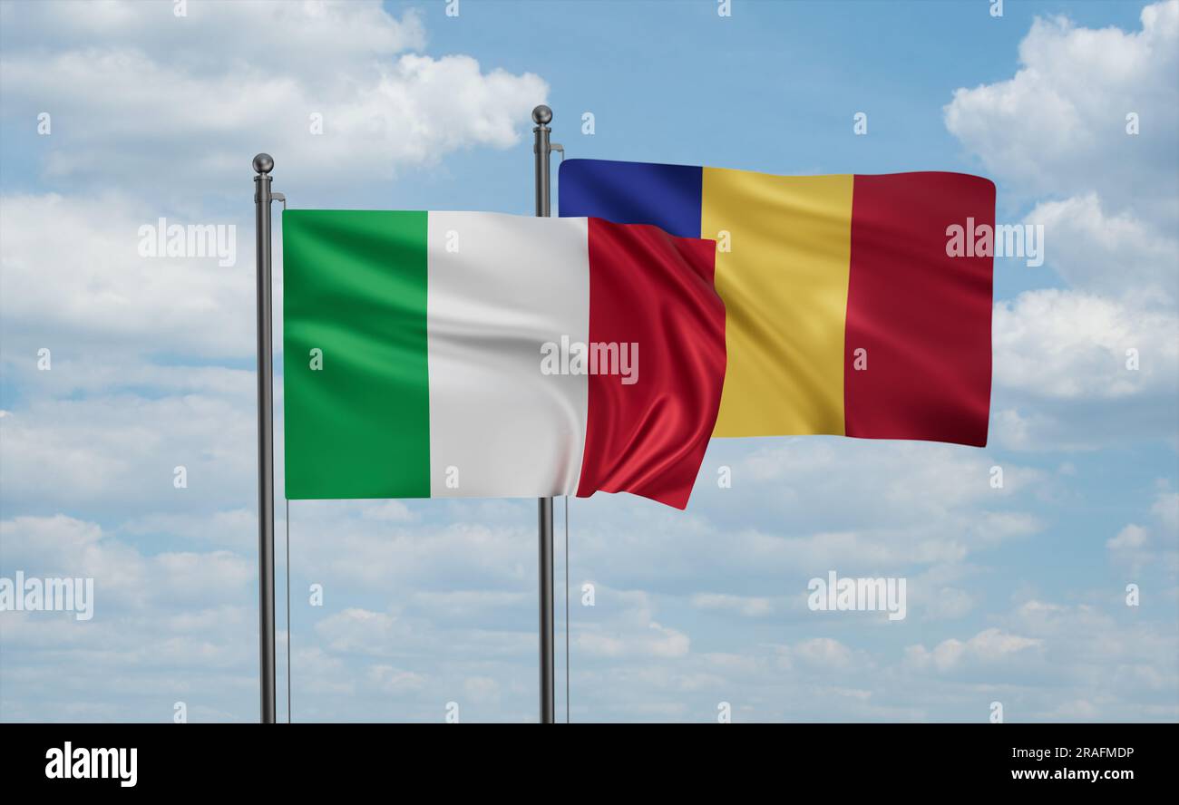 Romania and Italy flag waving together in the wind on blue sky, two ...