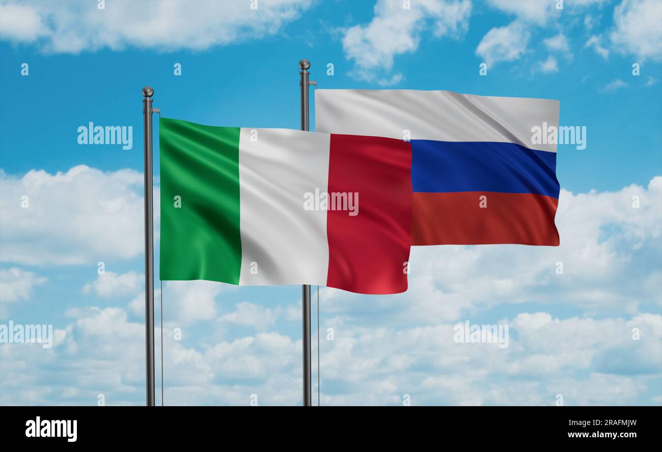 Russian Federation and Italy flag waving together in the wind on blue ...