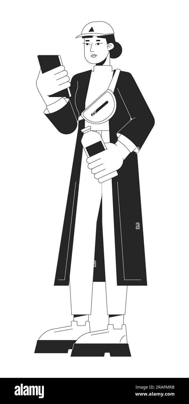 Busy girl looking into smartphone flat line black white vector ...