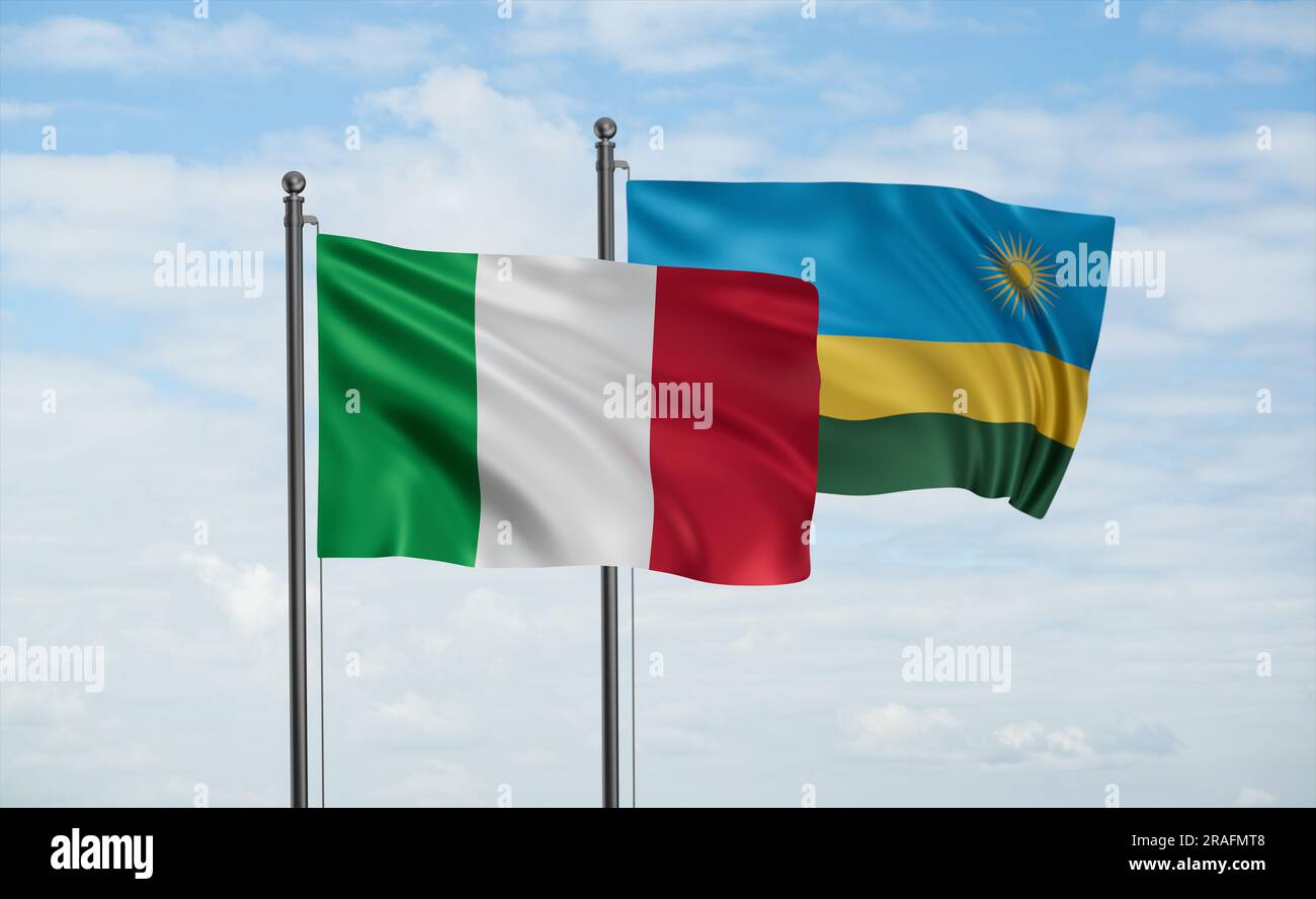 Republic of Rwanda and Italy flag waving together in the wind on blue ...
