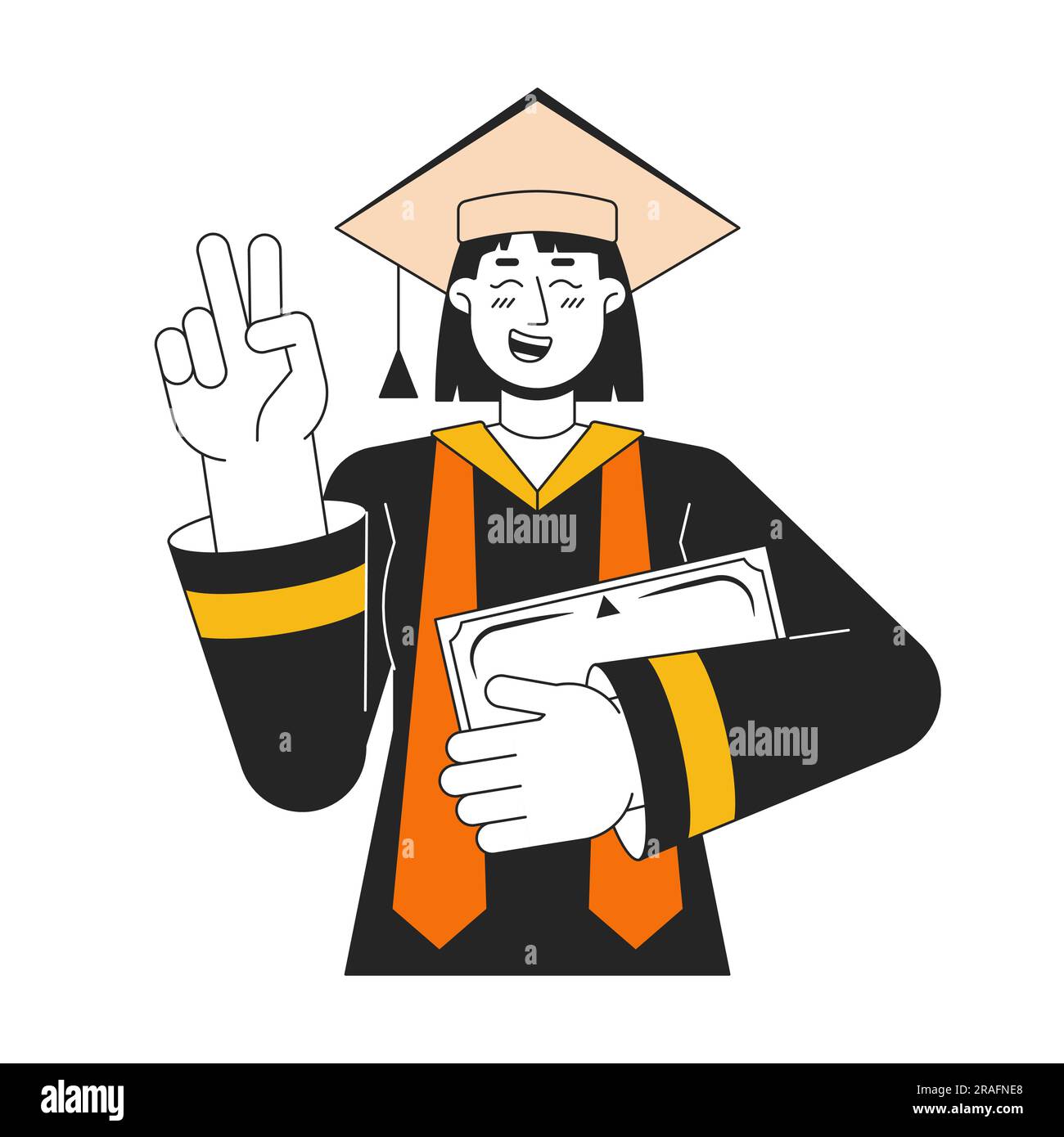 Student girl in robe and academic cap flat line color vector character ...