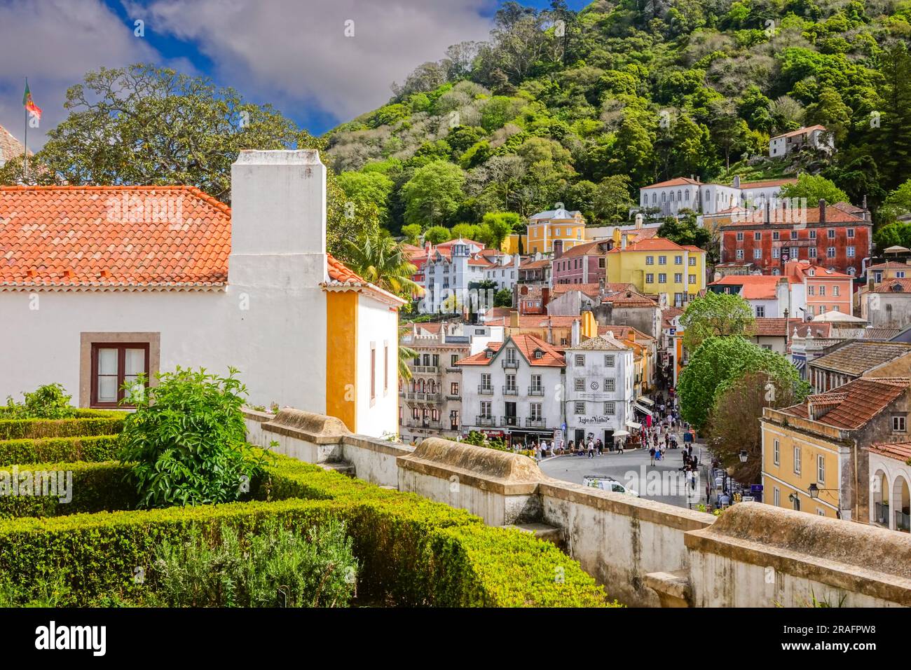The historic town and central square of Sao Martinho, from the gardens ...