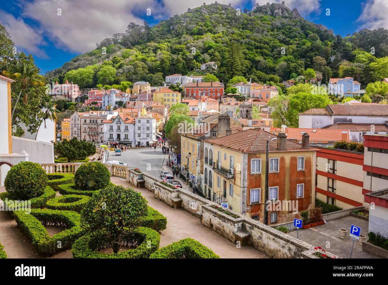 The historic town and central square of Sao Martinho, from the gardens ...